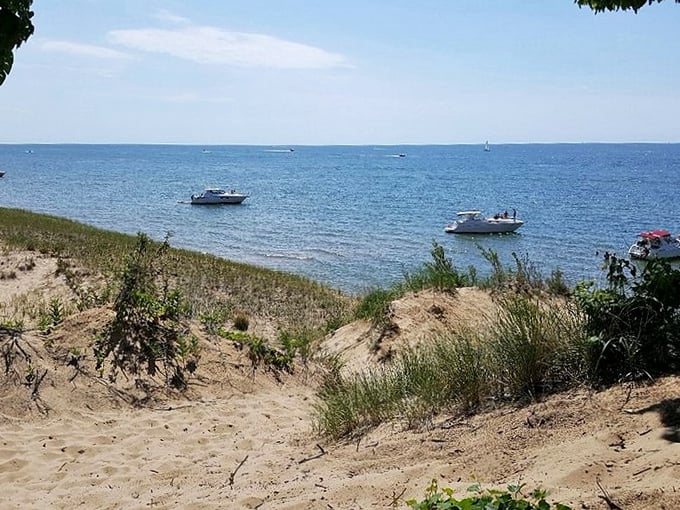 Boats dot the horizon like tiny toys on a vast blue playground, reminding visitors of Lake Michigan's dual role as wilderness and waterway.