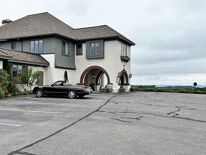 Elegant European-inspired architecture welcomes visitors, promising wine adventures without the transatlantic flight.