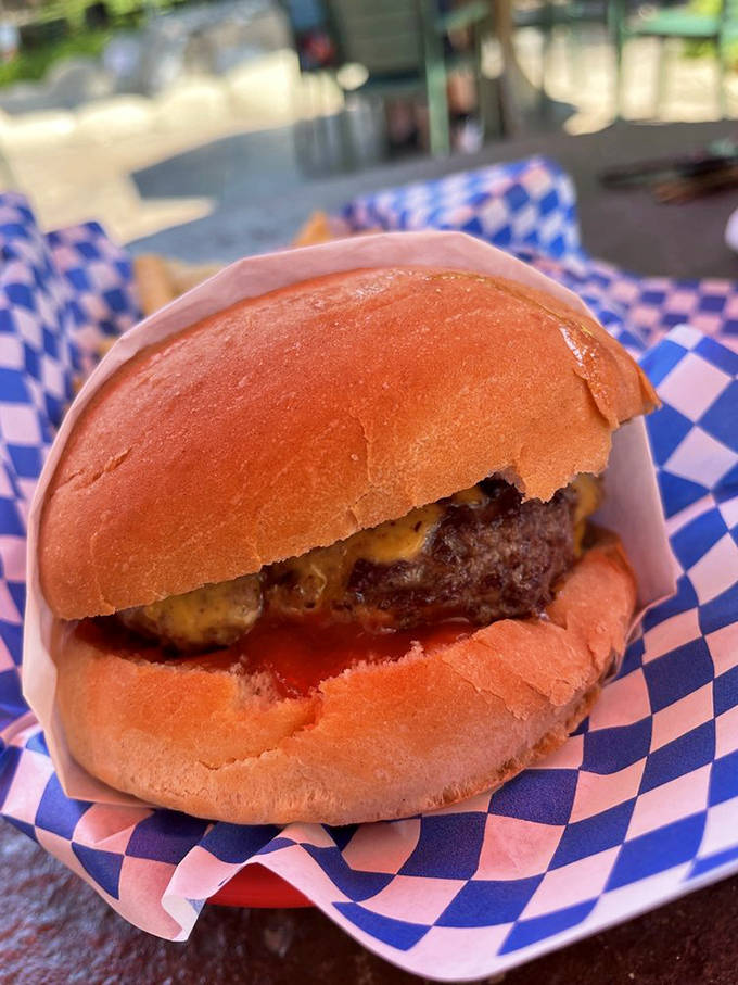 Behold the cheeseburger in its natural habitat—perfectly seared patty, melted cheese, and a bun that knows its supporting role in this meaty masterpiece.