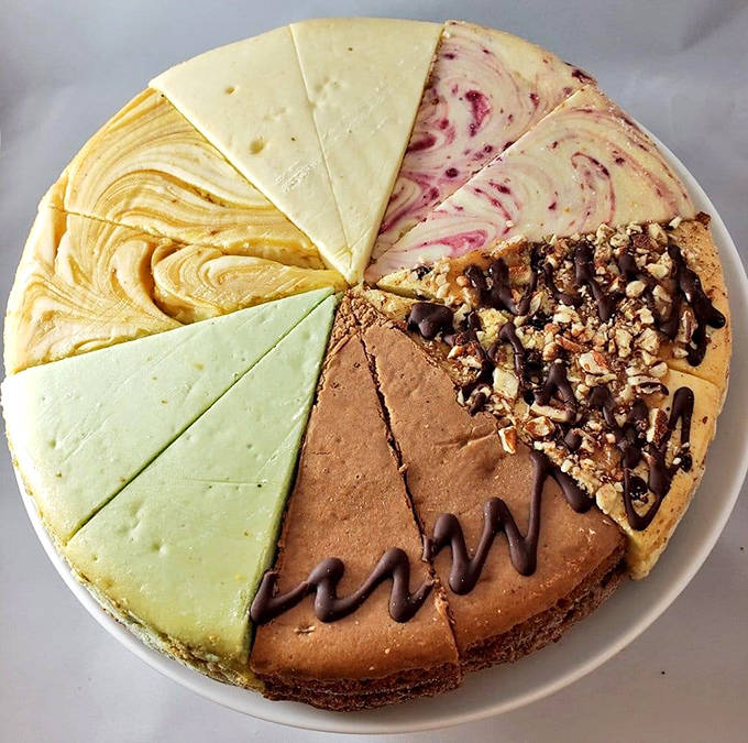 A wheel of heaven divided into six tempting slices, each offering a different path to cheesecake bliss. Choose your own adventure!