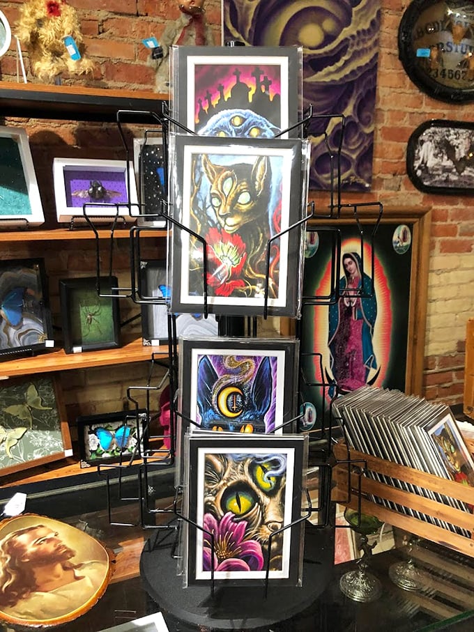 Monster movie memorabilia and supernatural artwork transform brick walls into a gallery celebrating the artistry behind our favorite nightmares.