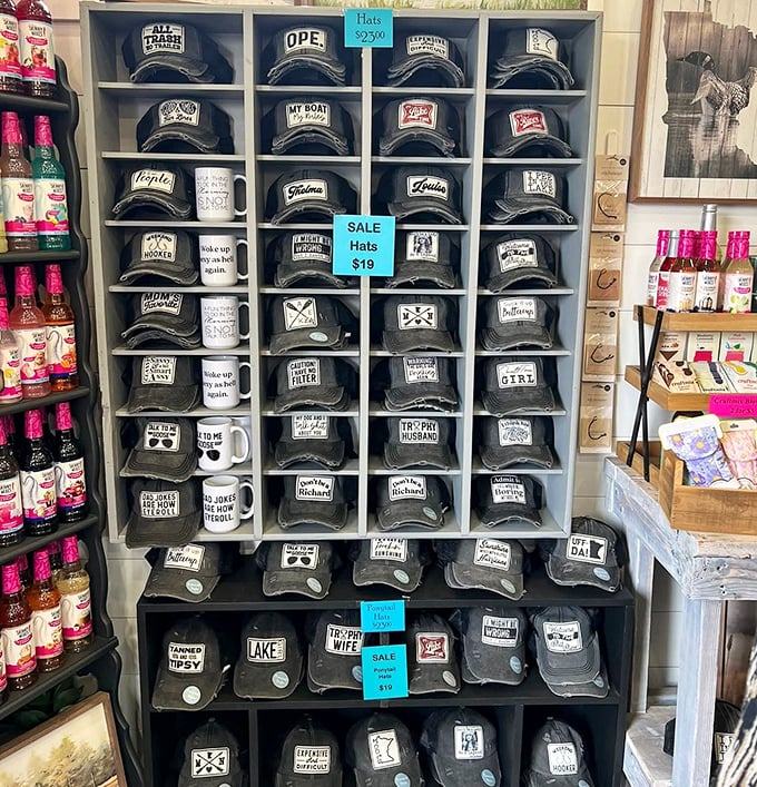 Hat heaven for the witty and lake-loving alike &ndash; these aren't just head coverings, they're personality statements on display.