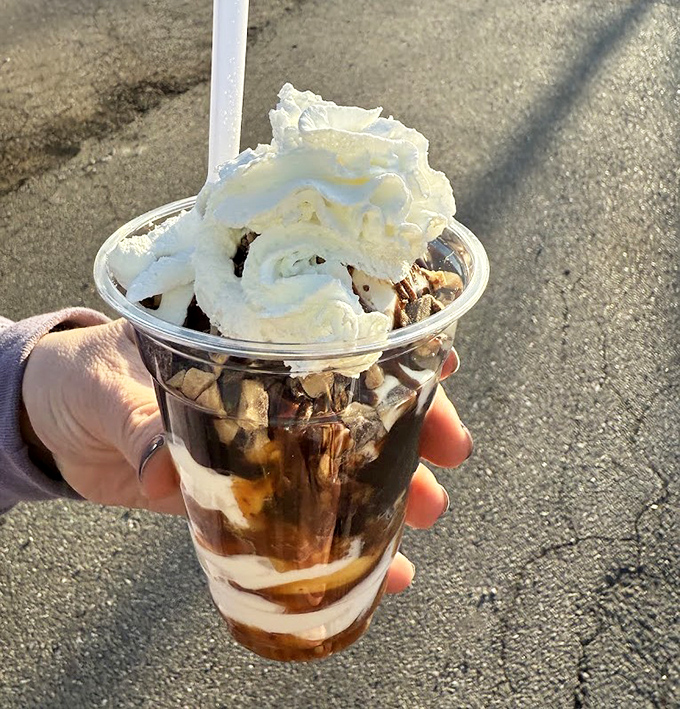 Layers of vanilla custard and hot fudge create a textural symphony, topped with a cloud of whipped cream that defies gravity.