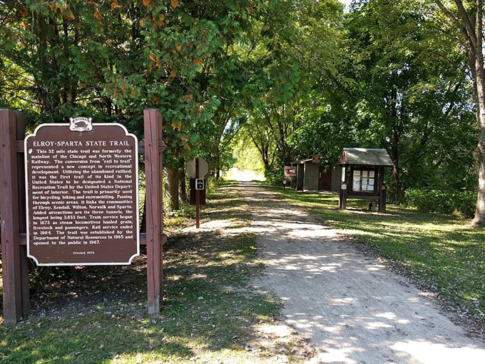 A historical marker tells the story of America's first rail-to-trail conversion, where trains once thundered through Wisconsin's countryside.