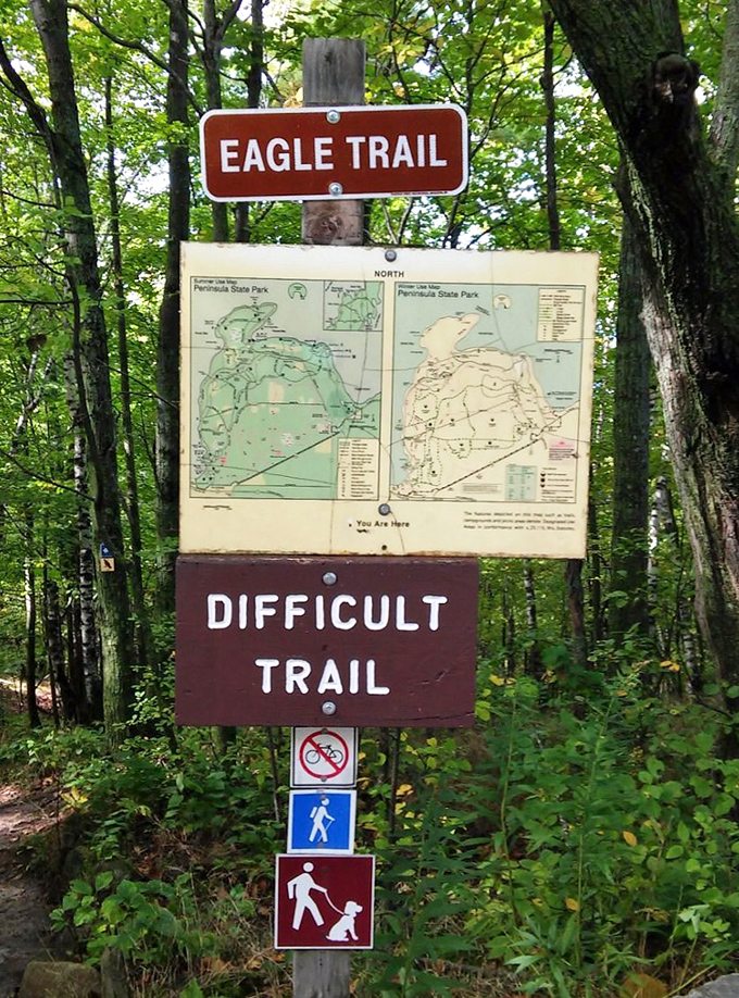 The Eagle Trail sign doesn't mince words &ndash; "difficult" is just nature's way of saying "worth every step."