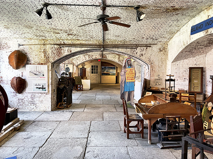 Vaulted brick ceilings and weathered walls create the perfect backdrop for exhibits ranging from historical artifacts to allegedly haunted objects.