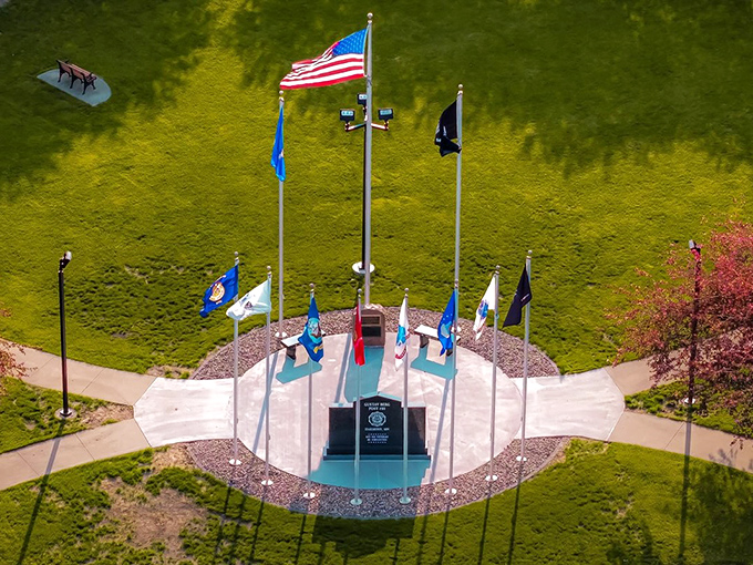 A thoughtfully designed veterans memorial stands as testament to Harmony's deep respect for those who served their country.