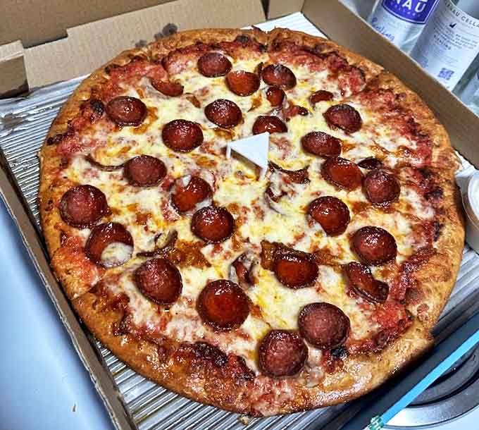 This pepperoni pizza isn't just food &ndash; it's a circular masterpiece with perfectly crisp edges, bubbling cheese, and pepperoni that curls into little flavor cups.