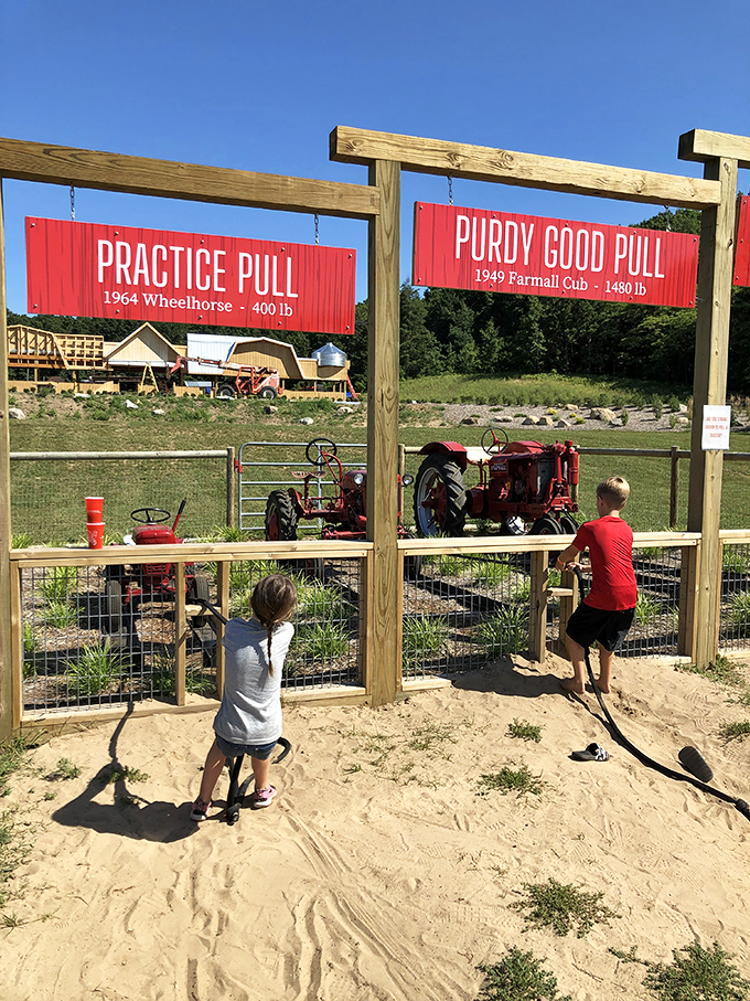 Young farmers test their might at the tractor pull station, where vintage farm equipment inspires the next generation of agricultural enthusiasts.