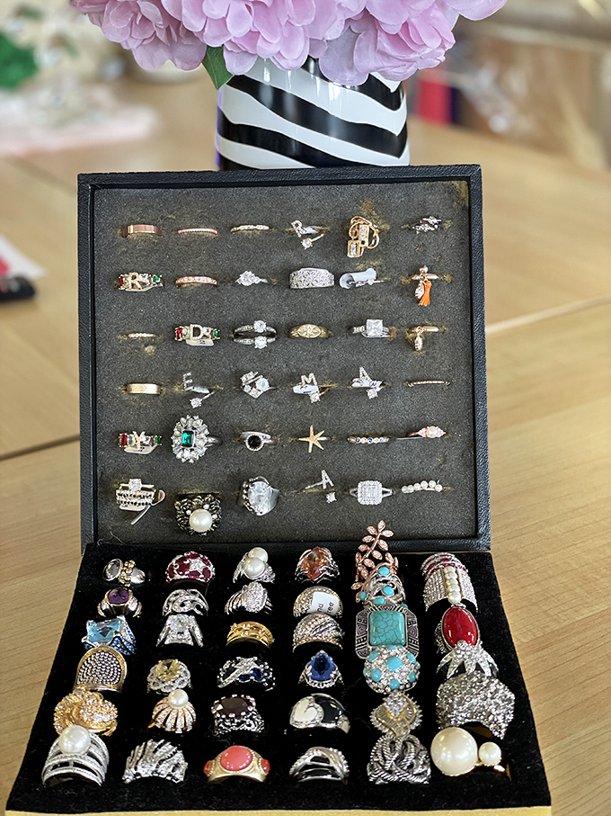 A treasure chest of sparkle awaits in the jewelry case, where vintage meets modern in a dazzling display of affordable bling.