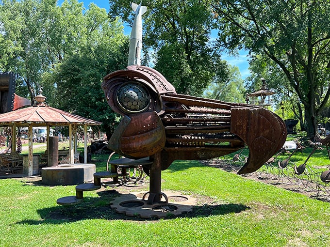 A giant steampunk bird sculpture stands proudly in the park, blending creativity and metalwork to spark curiosity and smiles from every visitor.