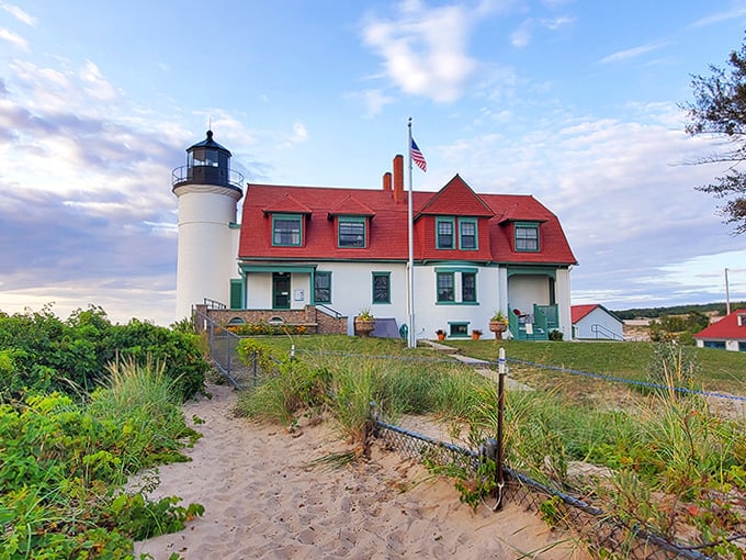 Sandy pathways lead visitors to this Great Lakes treasure, where wooden breakwaters protect the shoreline.