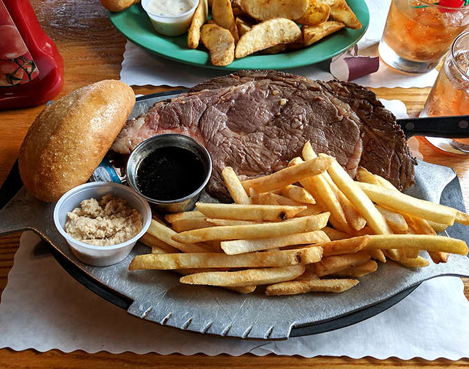 A prime cut of beef served with golden fries &ndash; simple, unpretentious, and exactly what you want after a day on the lake.