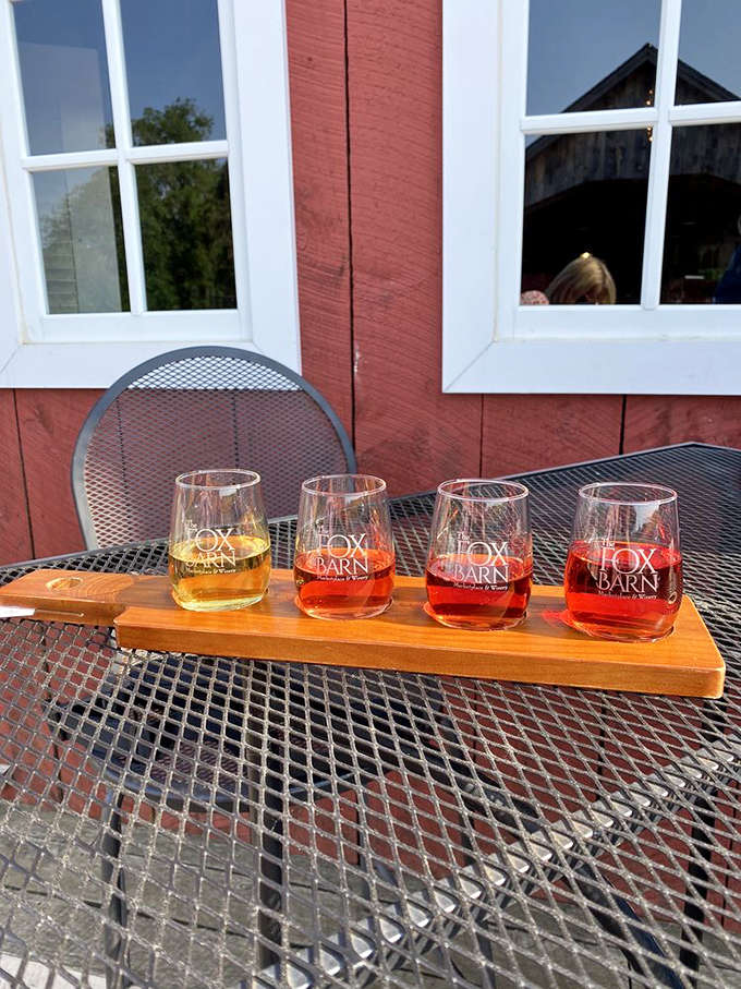 A wooden flight board showcases Fox Barn's liquid rainbow &ndash; each glass offering a different expression of the winemaker's craft.