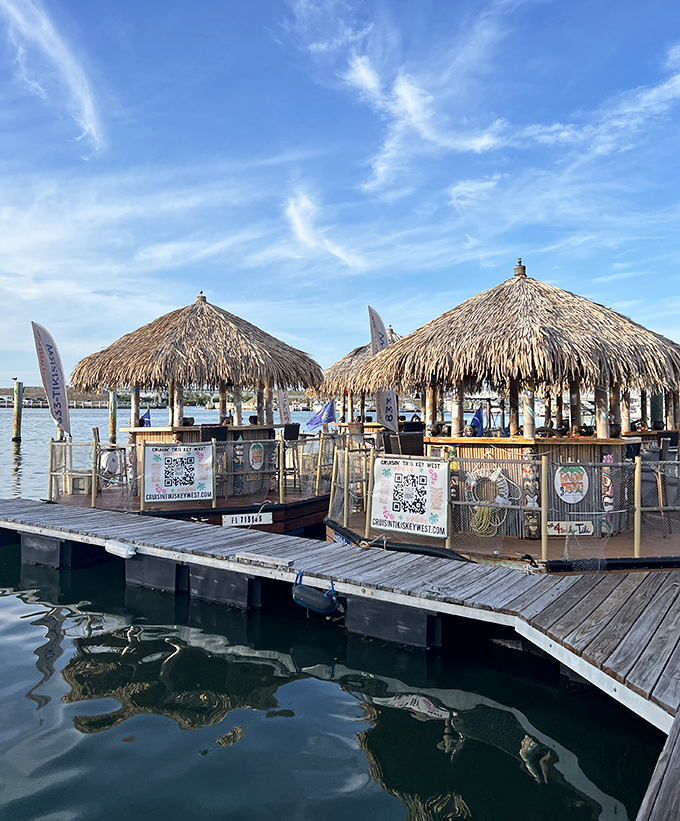 Twin tiki huts await their passengers at the dock, their thatched roofs creating perfect shade for a day of aquatic adventure.