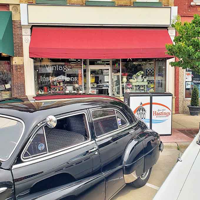 Vintage Inspirations beckons collectors with its classic storefront and red awning – just one of many treasure troves lining Second Street.