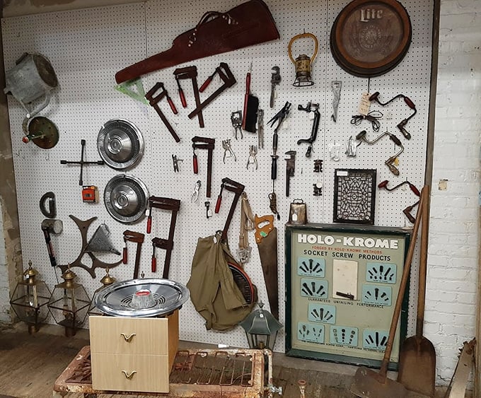 This pegboard of vintage tools tells stories of craftsmanship from generations past.