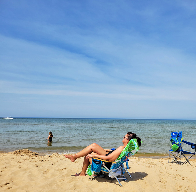 Sun-soaked relaxation at its finest. Some people meditate; others just need a beach chair and Lake Michigan's gentle rhythm.