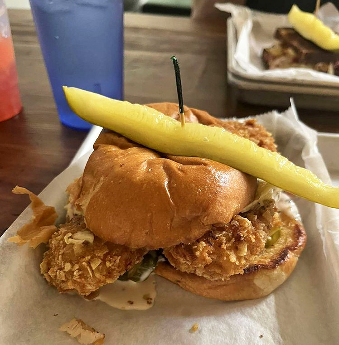 This crispy chicken sandwich isn't just lunch &ndash; it's an architectural marvel of crunch, tang, and that signature pickle spear.