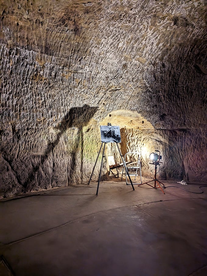 Art installations in cave alcoves create gallery spaces that would make any museum jealous of the natural ambiance and dramatic lighting.