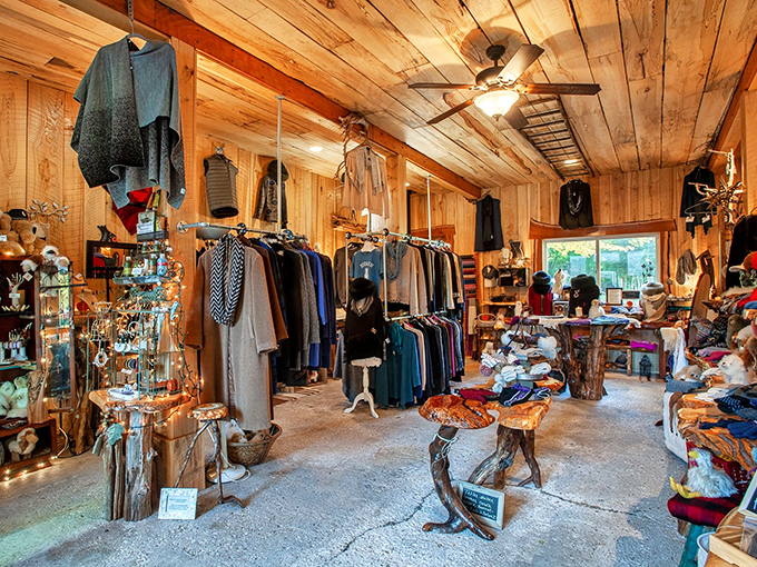 Inside the boutique, rustic wood walls create the perfect backdrop for displays of impossibly soft alpaca treasures.