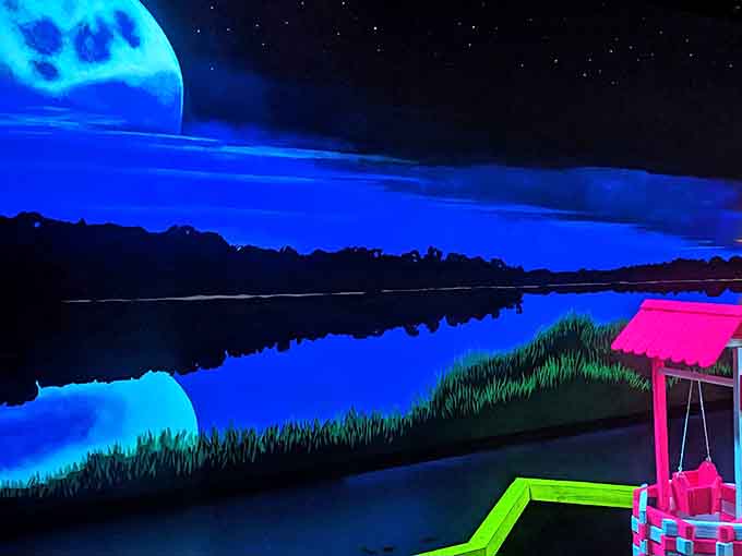 Glow-in-the-Dark Art Moonlit waters reflect the night sky in this serene hole, creating an optical illusion so convincing you might check your shoes for wetness.