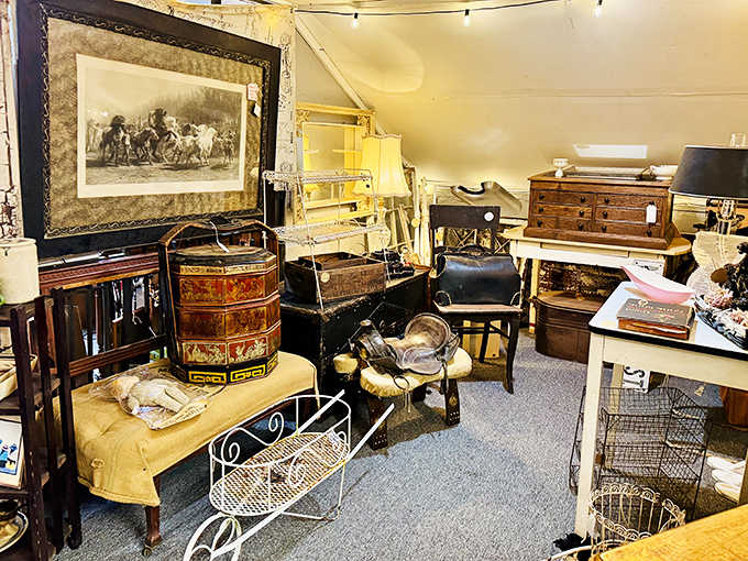 Vintage furniture and household goods arranged like a perfectly curated museum exhibit, except you can actually take these beauties home.