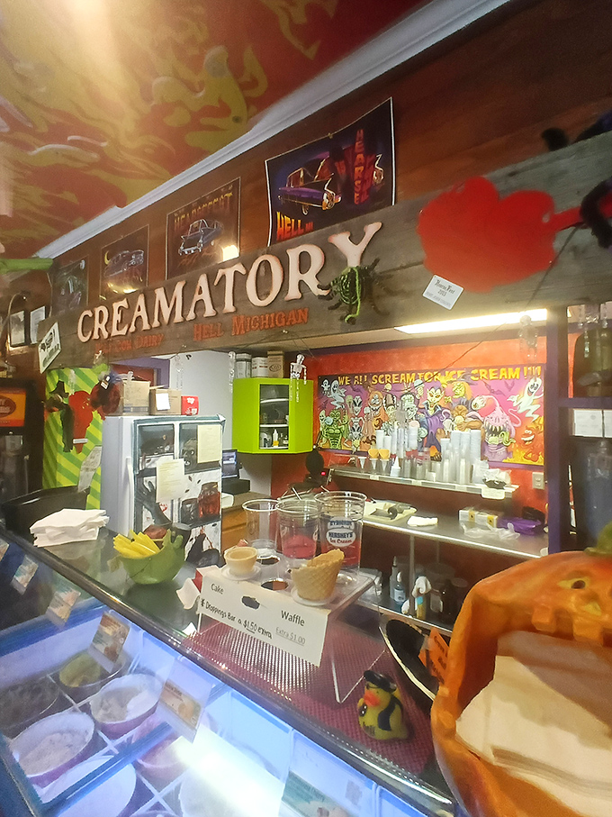 The "Creamatory" serves up scoops of heaven in a place called Hell. The colorful ice cream counter proves irony is best served cold.