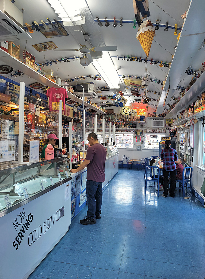 The blue-floored paradise where ice cream dreams materialize. Every visit reveals some new treasure tucked among the ceiling decorations.