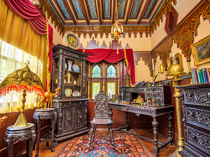 Library: Where Sherlock Holmes meets Arabian Nights &ndash; ornate woodwork and rich textiles transform book-browsing into an exotic adventure.