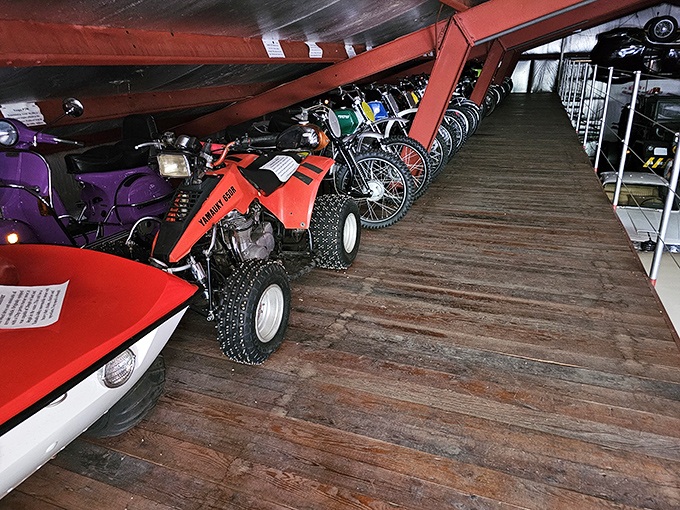 The motorcycle collection lines up like soldiers at attention, each two-wheeled wonder telling tales of wind-in-your-hair freedom.