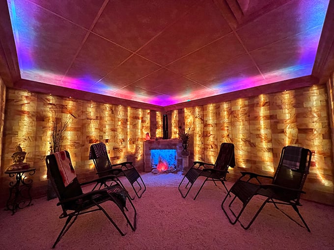 The Himalayan Salt Cave glows with amber warmth, its walls of pink crystal creating a microclimate of pure relaxation.
