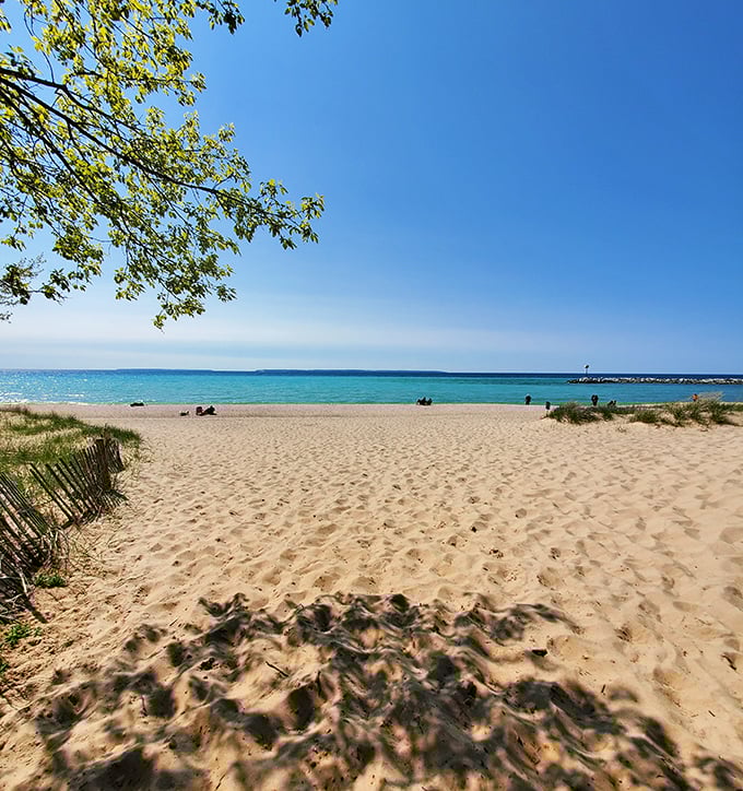 Pristine sands invite bare feet and beach blankets, while that impossibly blue water makes you question if you're still in Michigan.