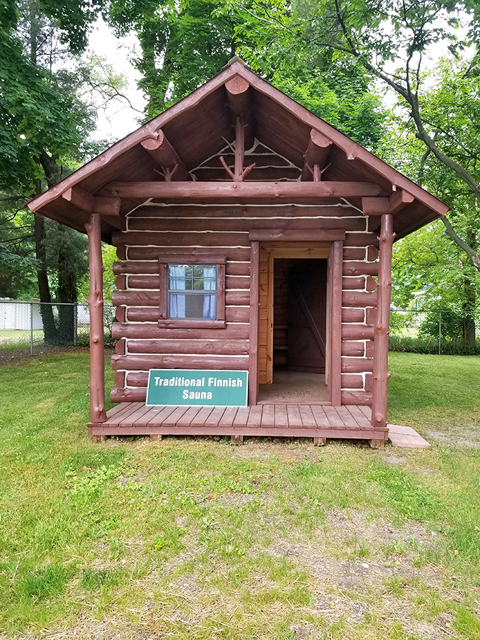This traditional Finnish sauna structure showcases the cultural heritage that Finnish immigrants brought to Kaleva, where bathing rituals became community traditions.