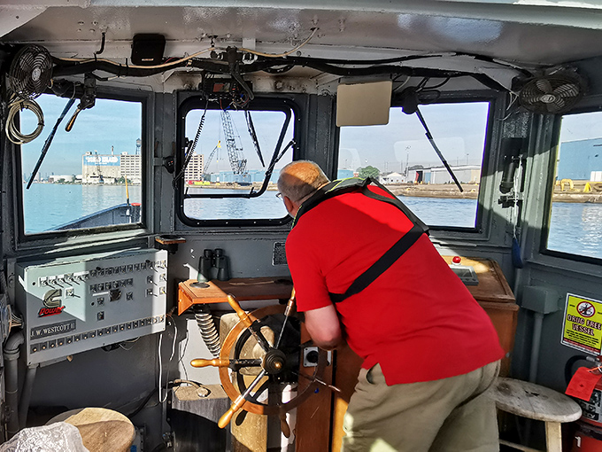 Where maritime meets mail service &ndash; the compact wheelhouse of the J.W. Westcott II serves as command central for this floating post office.