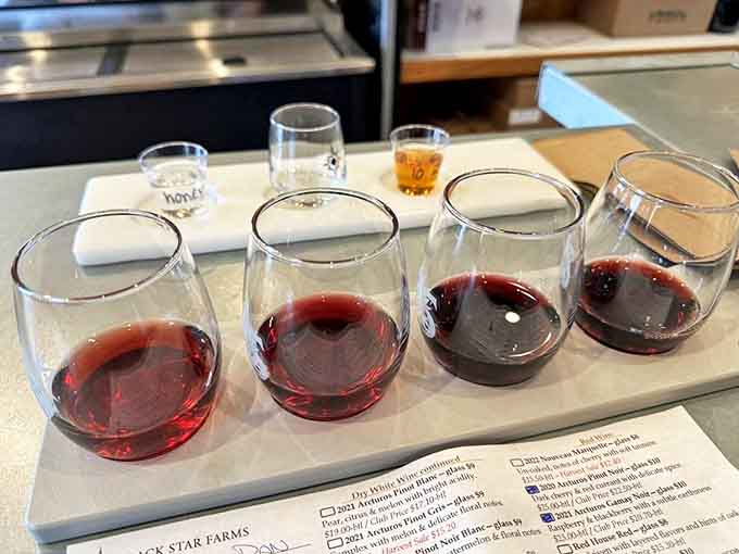Four glasses of possibility: A perfectly poured flight of reds awaits tasting, each one representing hours of craftsmanship and years of tradition.
