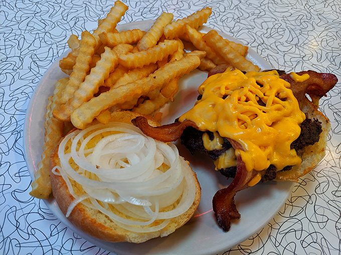 No pretentious towers here&mdash;just honest beef, melty cheese, and bacon that's achieved the perfect balance between crisp and chewy.