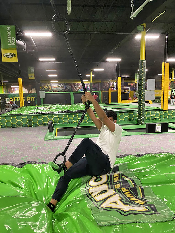 Swinging into a cushiony abyss &ndash; the rope swing offers thrillseekers a moment of flight before a soft, foam-filled landing.