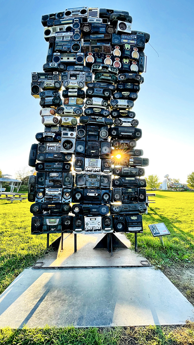 Remember mixtapes? This tower of vintage boomboxes stacked toward the heavens hits all the right nostalgic notes.