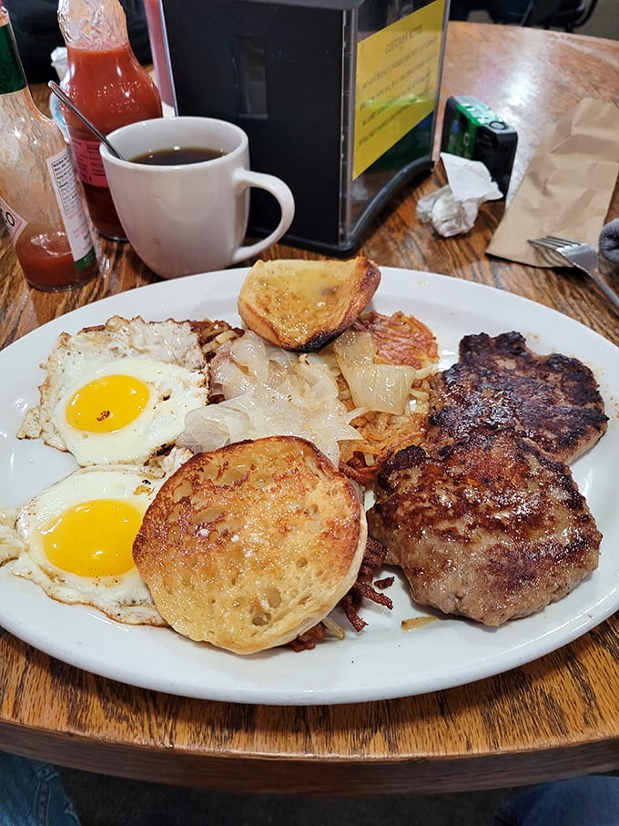 A classic breakfast spread that would make any lumberjack weep with joy &ndash; eggs, hash browns, and perfectly seared breakfast meats.