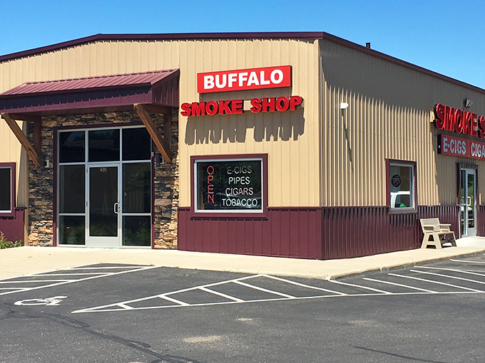 Buffalo's Smoke Shop represents the diverse retail landscape of this small town, where specialty shops thrive alongside antique stores. 