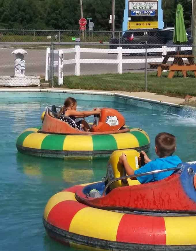 Bumper boats in rainbow colors prove that ramming into your relatives is perfectly acceptable in the right context.