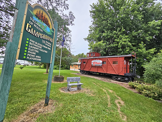 Wilton's charming campground offers weary cyclists a place to rest, complete with a vintage caboose that nods to the trail's railroad heritage.