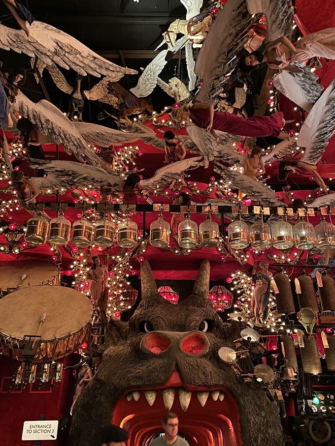 Angels take flight above a sea of red in this fantastical display that blurs the line between art installation and fever dream.