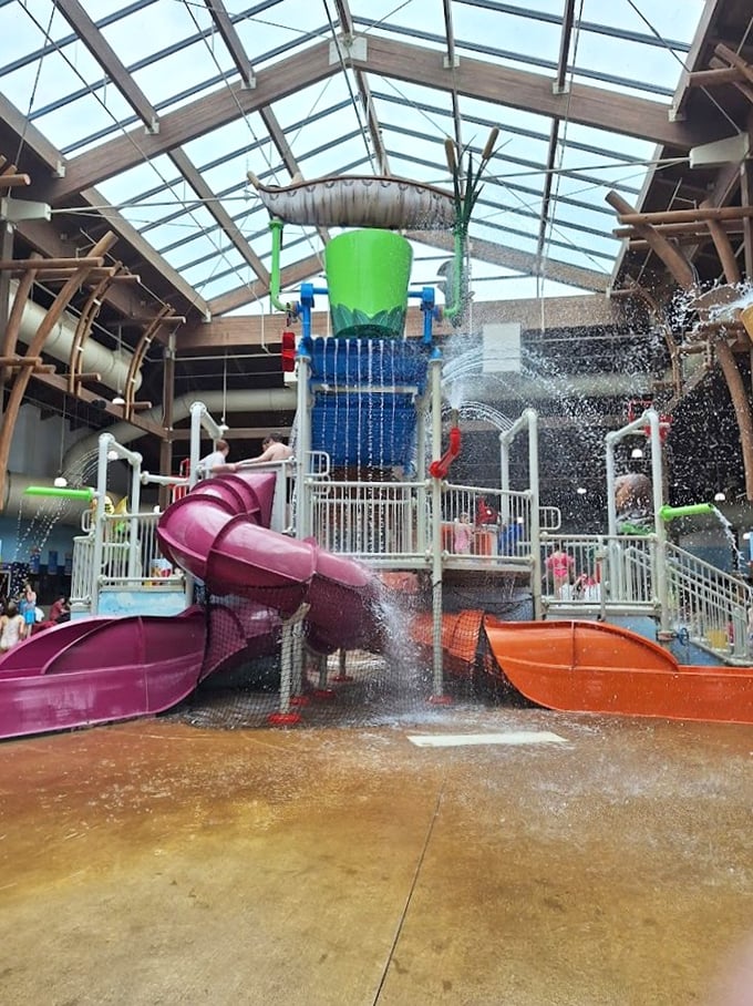 Water cascades from the giant tipping bucket, creating the perfect storm of squeals and splashes in this multi-level aquatic playground.