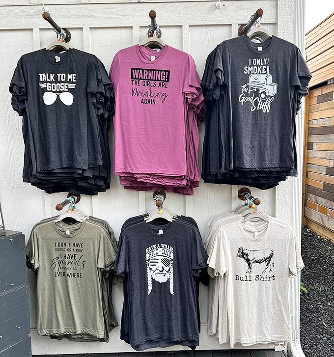 T-shirts with attitude line the walls, offering everything from Top Gun references to bull-related puns for the discerning shopper.