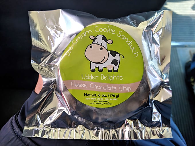 The "Udder Delights" ice cream sandwich &ndash; where two cookies embrace a scoop of heaven in a portable package.