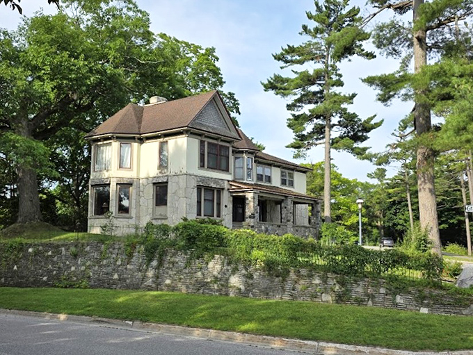 This elevated view reveals how Young's homes nestle into their landscapes, with stone walls that seem to grow organically from the Michigan soil.