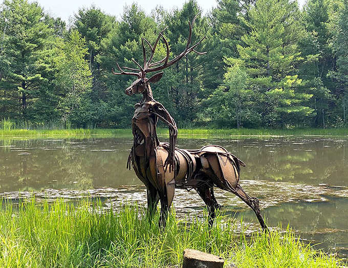 Part elk, part something otherworldly, this metal centaur seems poised to leap from the water into mythology.