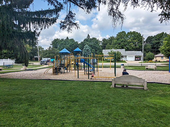 Freel Park's playground stands ready for the universal childhood joy of conquering the monkey bars and defying gravity.